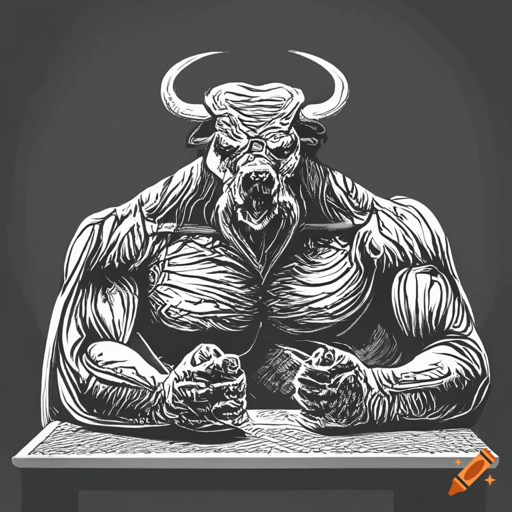 Black and white artwork of a minotaur and a man arm wrestling on Craiyon