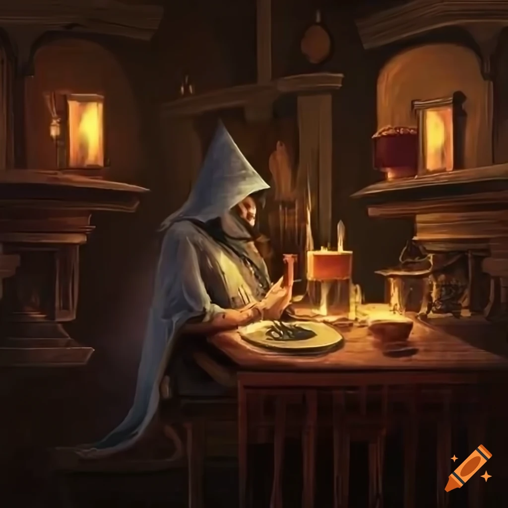 Artwork of a solitary figure in a hooded cloak in a tavern
