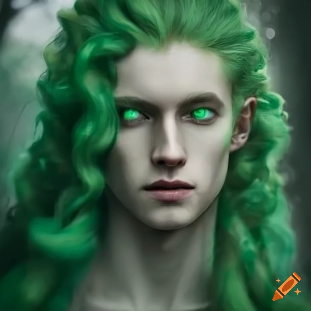 Portrait of a male forest spirit with green skin and green eyes on Craiyon