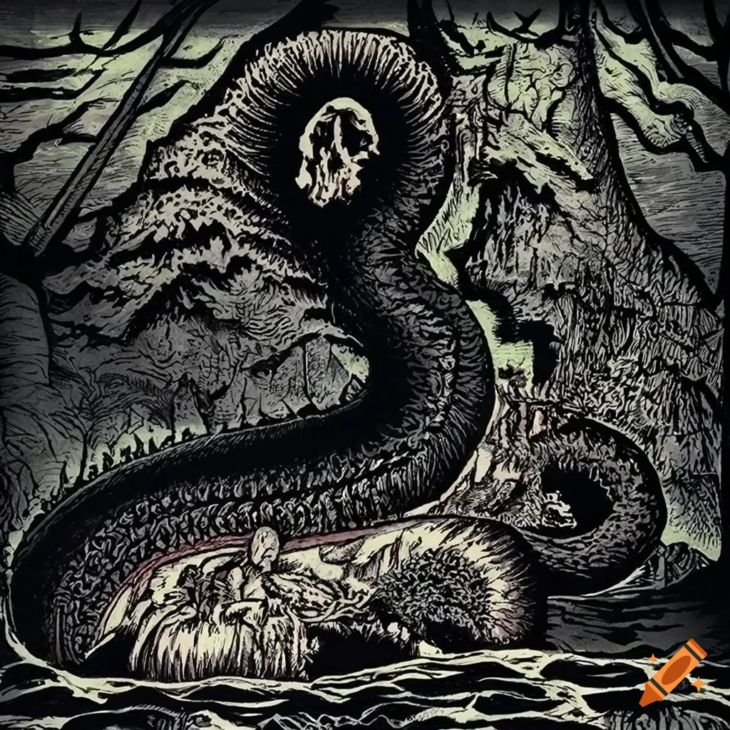 Color pen and ink landscape with mythological creatures on Craiyon