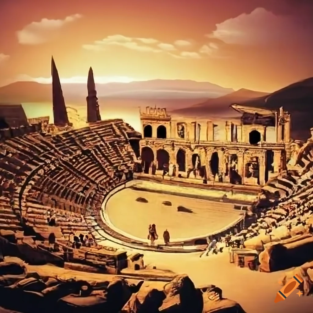 Ancient greek theater with stone seating and stage on Craiyon