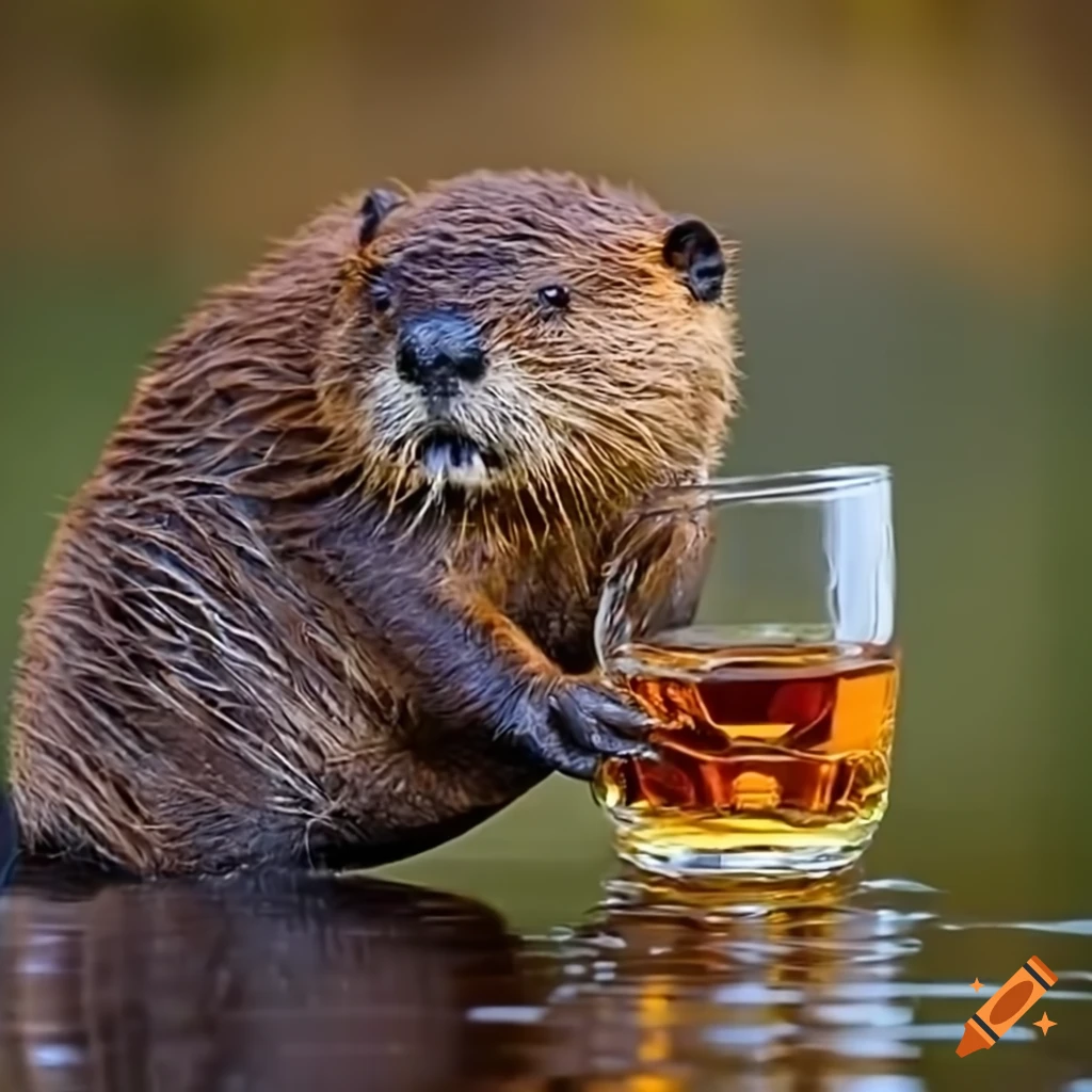 Cute beaver enjoying a glass of whiskey in autumn on Craiyon