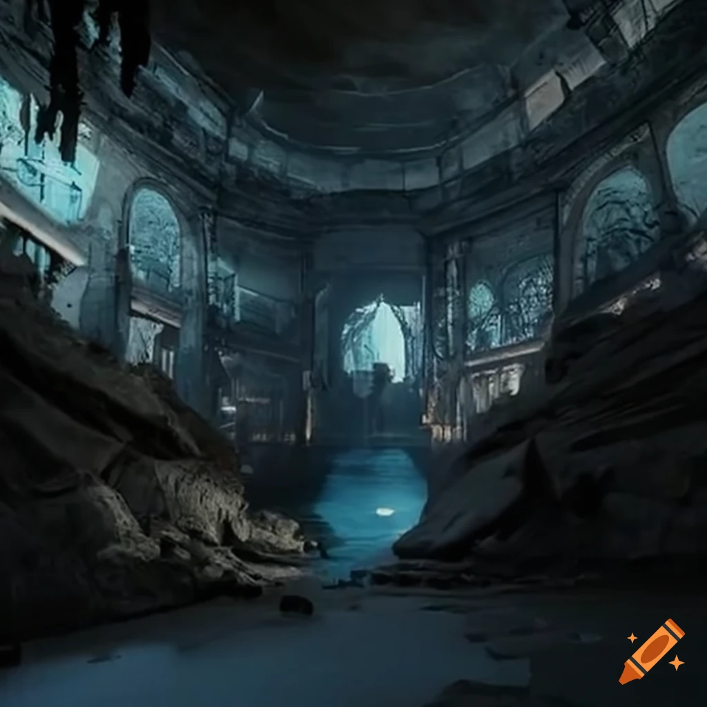 Futuristic city inside a cave with flying vehicles