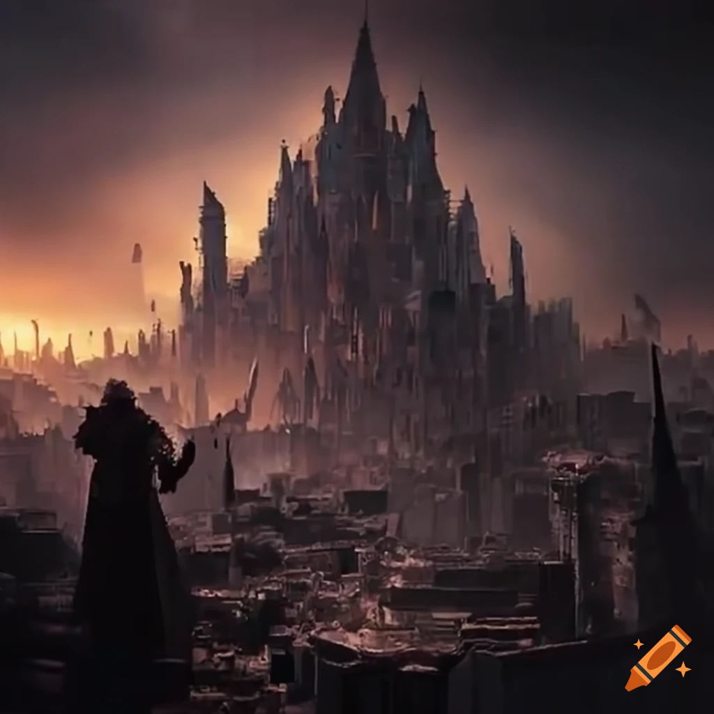 Cityscape with monstrous guardians and broken buildings on Craiyon