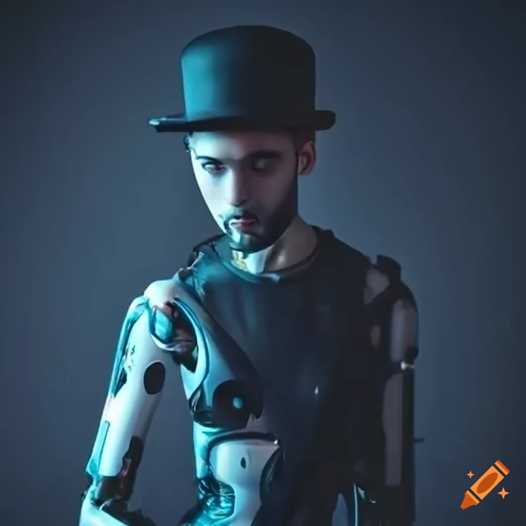 Futuristic robot dj with a dark beard and bowler hat on Craiyon
