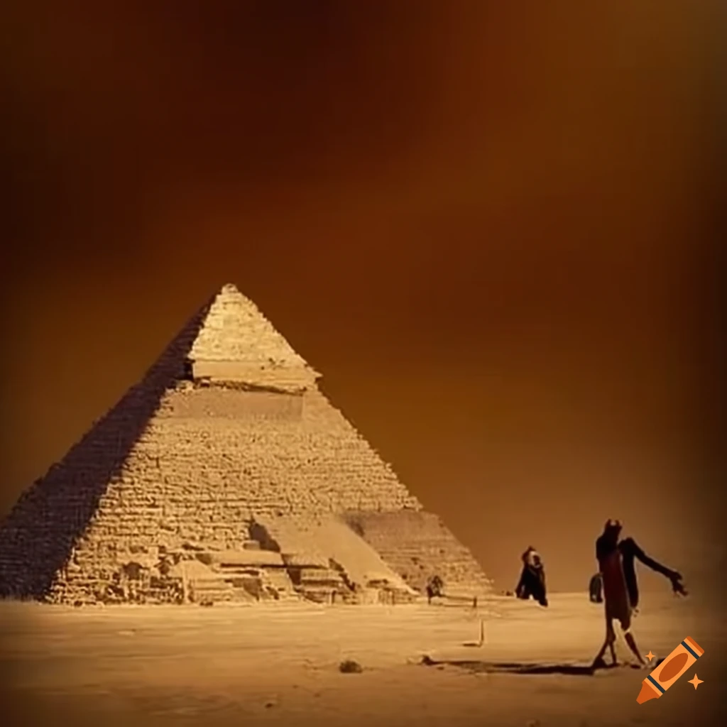 Illustration of ancient egyptian builders constructing pyramids on Craiyon