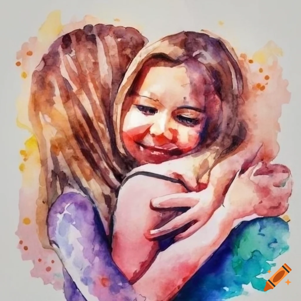 Watercolor illustration of a loving family embracing