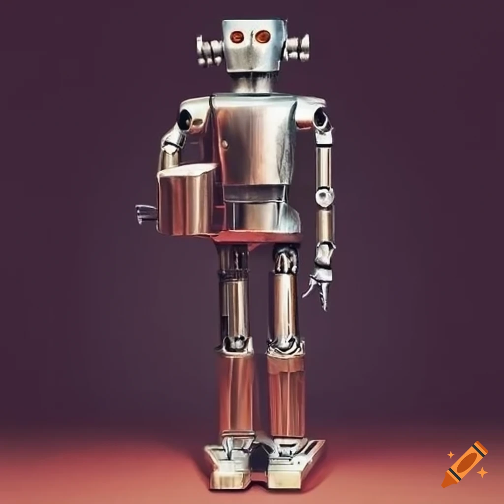 1920's retro scifi massive metallic robot towering at eighty feet on ...