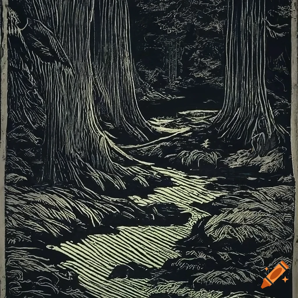 Japanese woodcut with serpents, grapevines, oak forest, mountain peaks ...