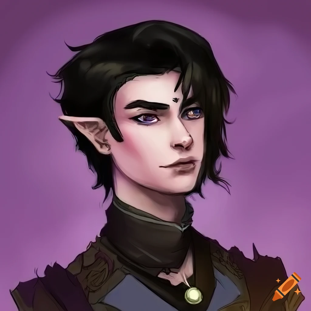 Portrait of a male elf character with black hair and purple eyes on Craiyon