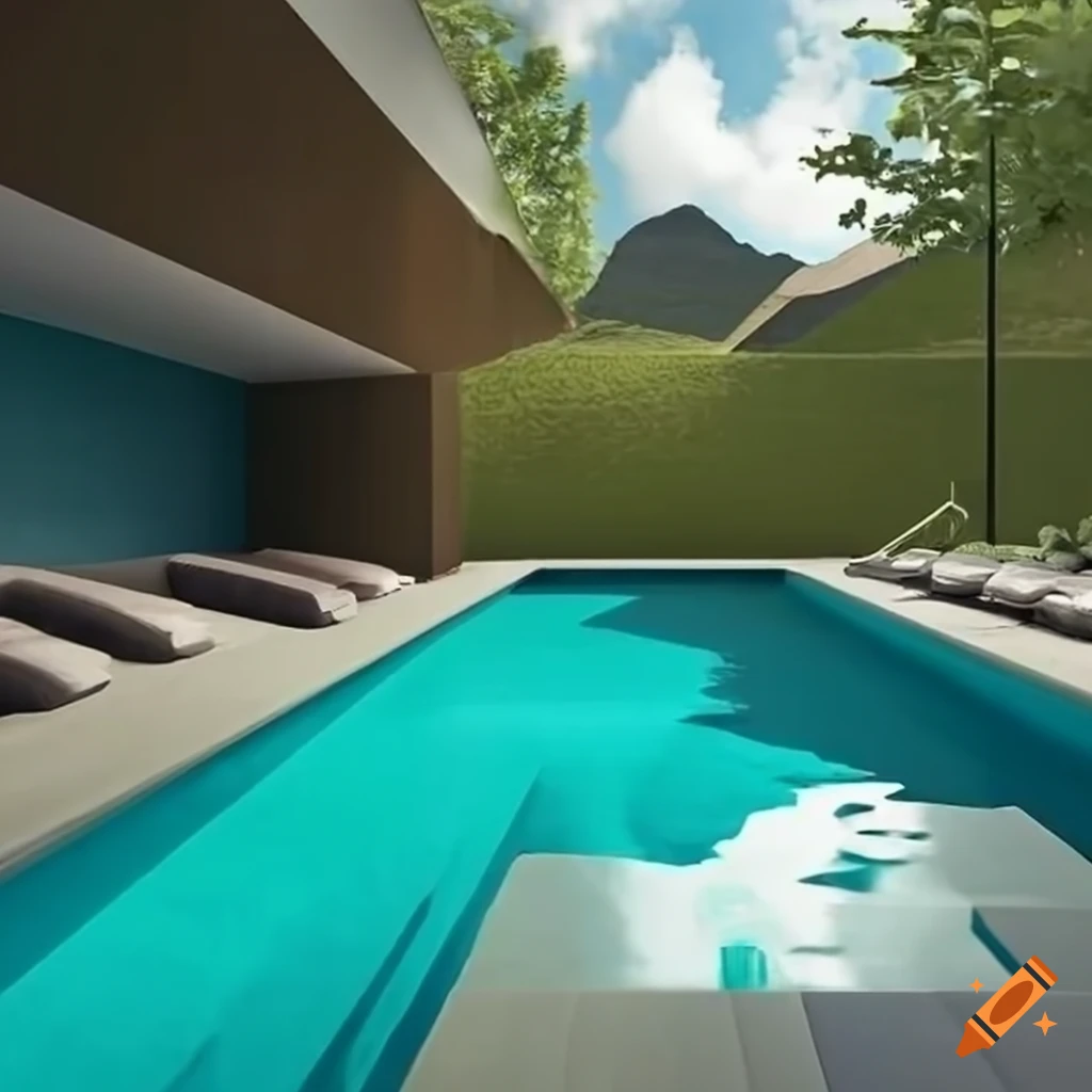 Swimming pool with pastel colors and couch