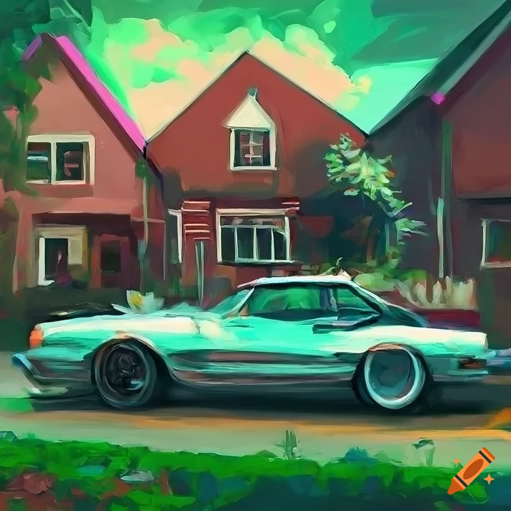 Rembrandt painting of a grey mazda 6 parked next to a house at dawn on ...