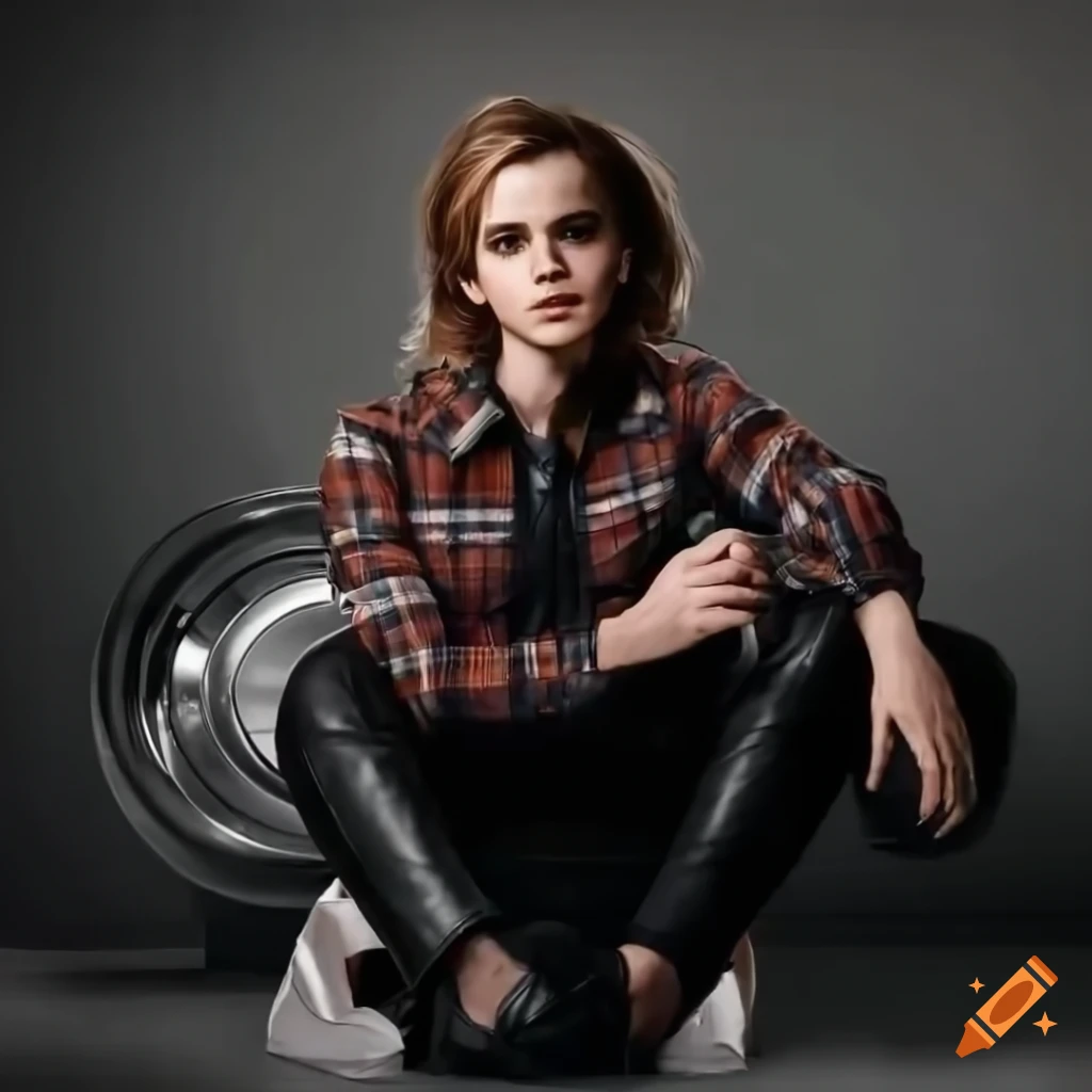Emma watson look-alike in plaid shirt and leather trousers sitting on ...