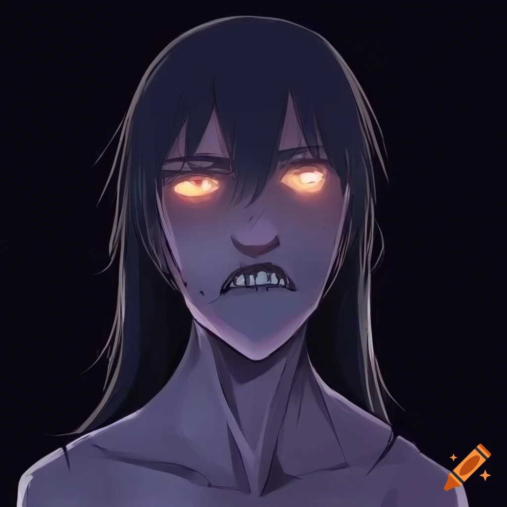 Anime-style illustration of a pale man with glowing yellow eyes and ...