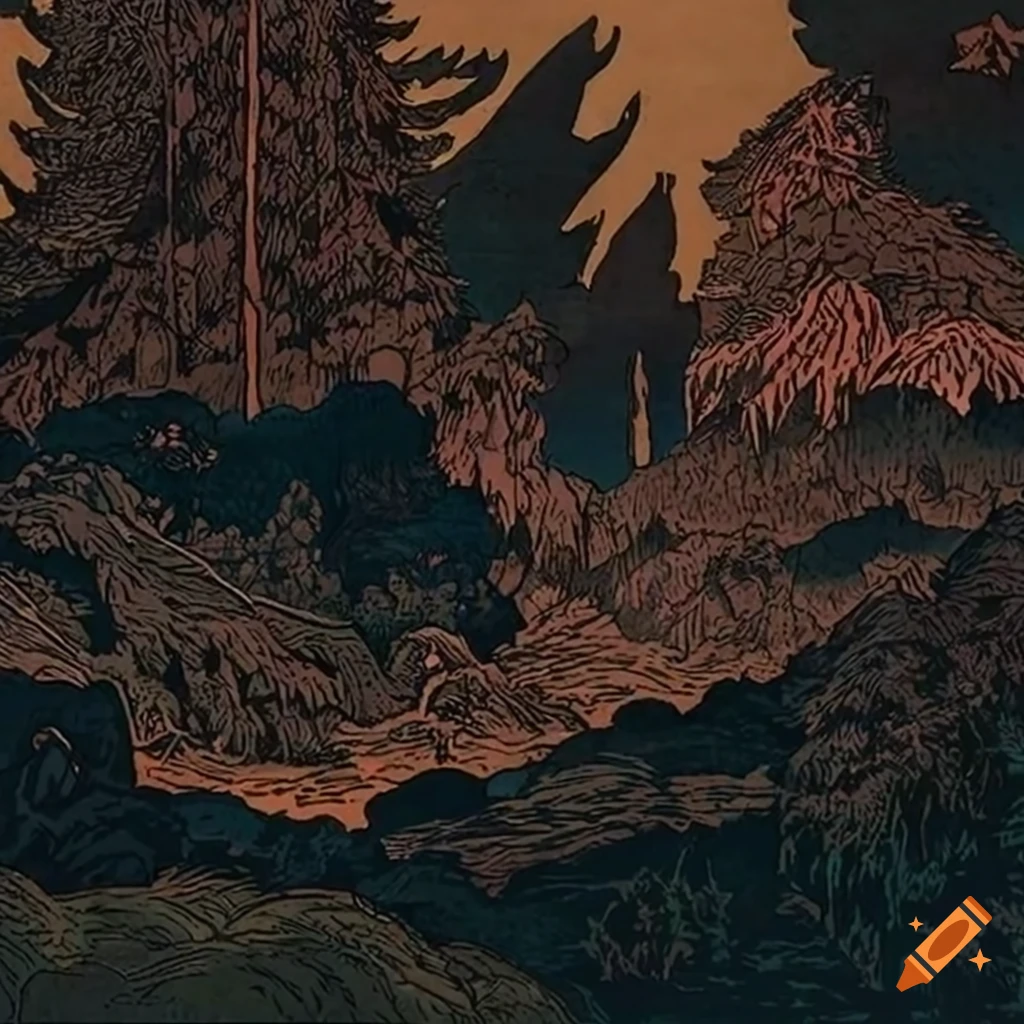 Color pen and ink landscape with mythological creatures