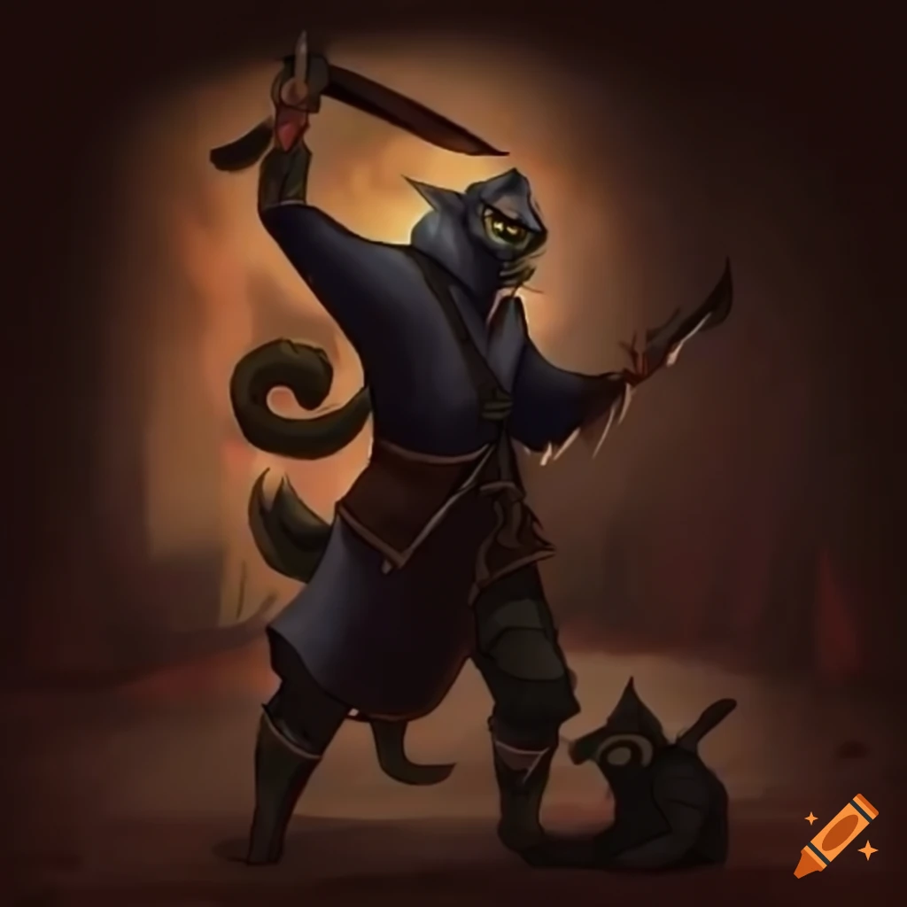 Catfolk ninja with a knife in a dynamic pose on Craiyon