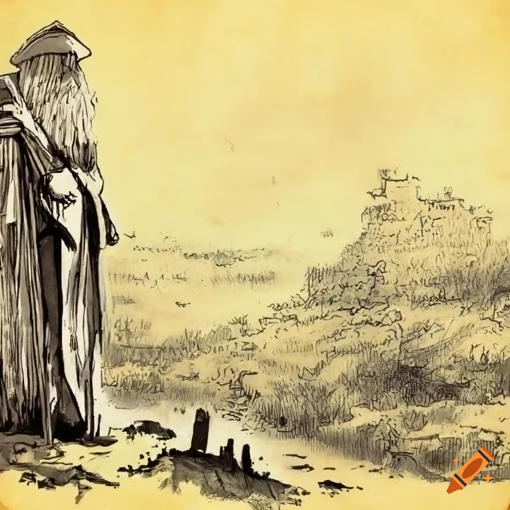 Black and white ink drawing of an old wise man in a ruined battlefield ...