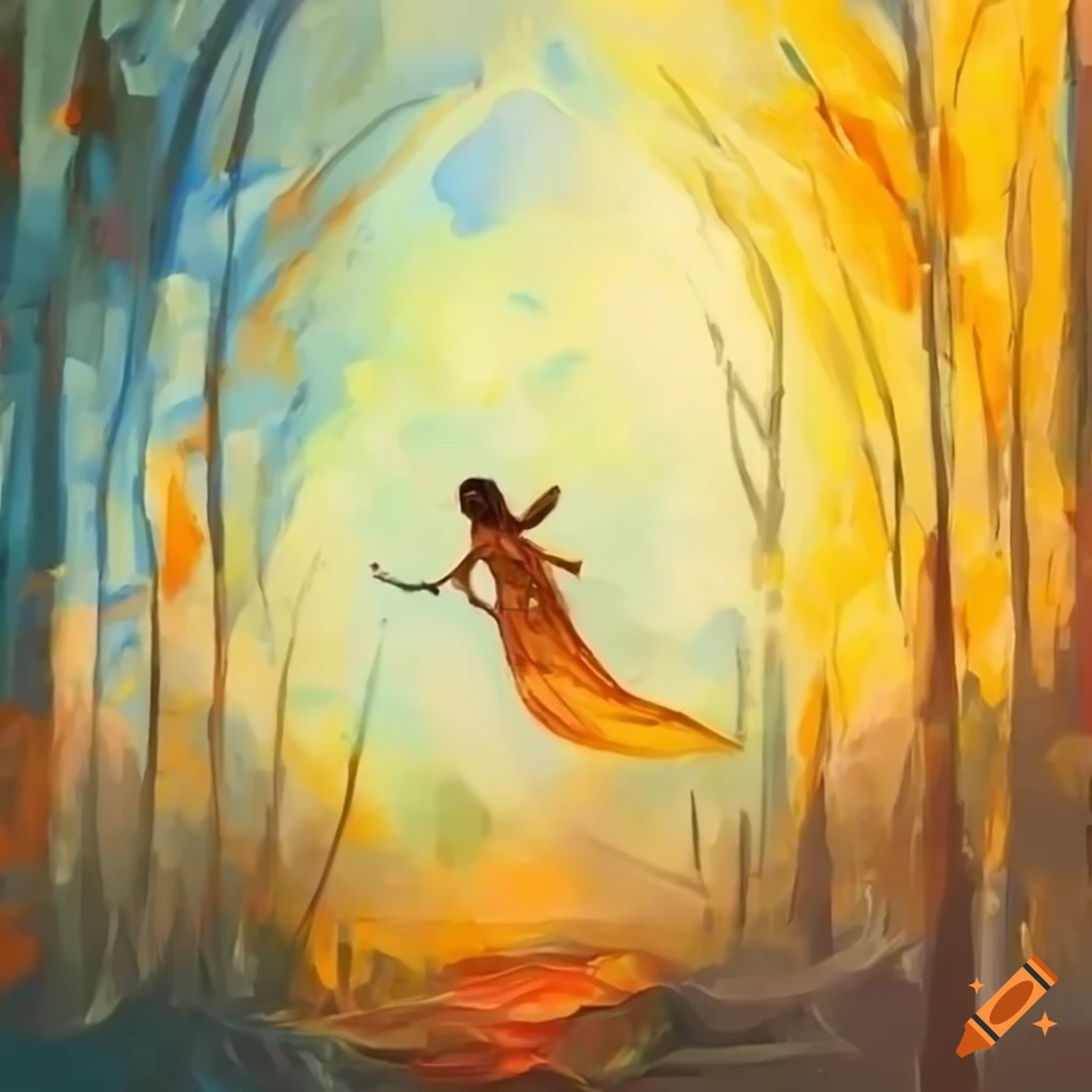 Painting of an angel descending from the sky in a forest on Craiyon