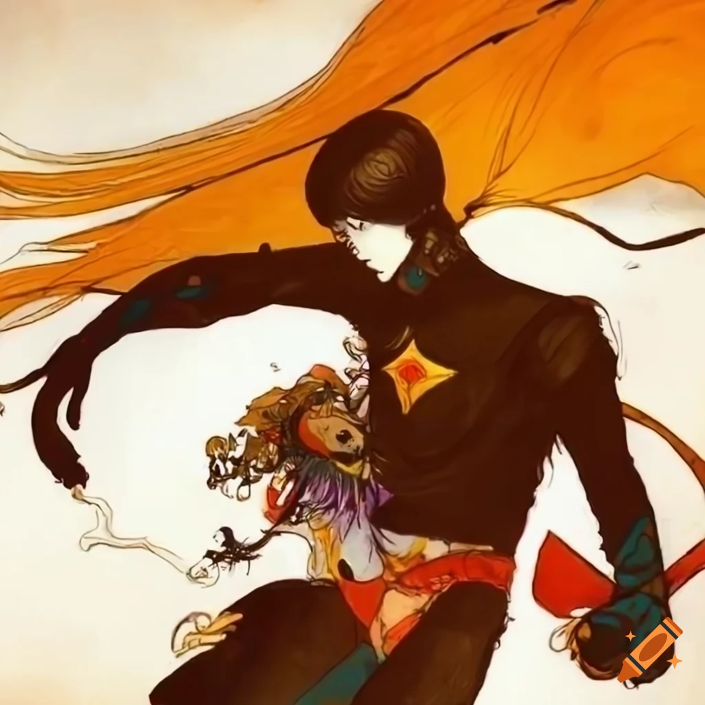 Wind-themed superhero artwork in the style of yoshitaka amano