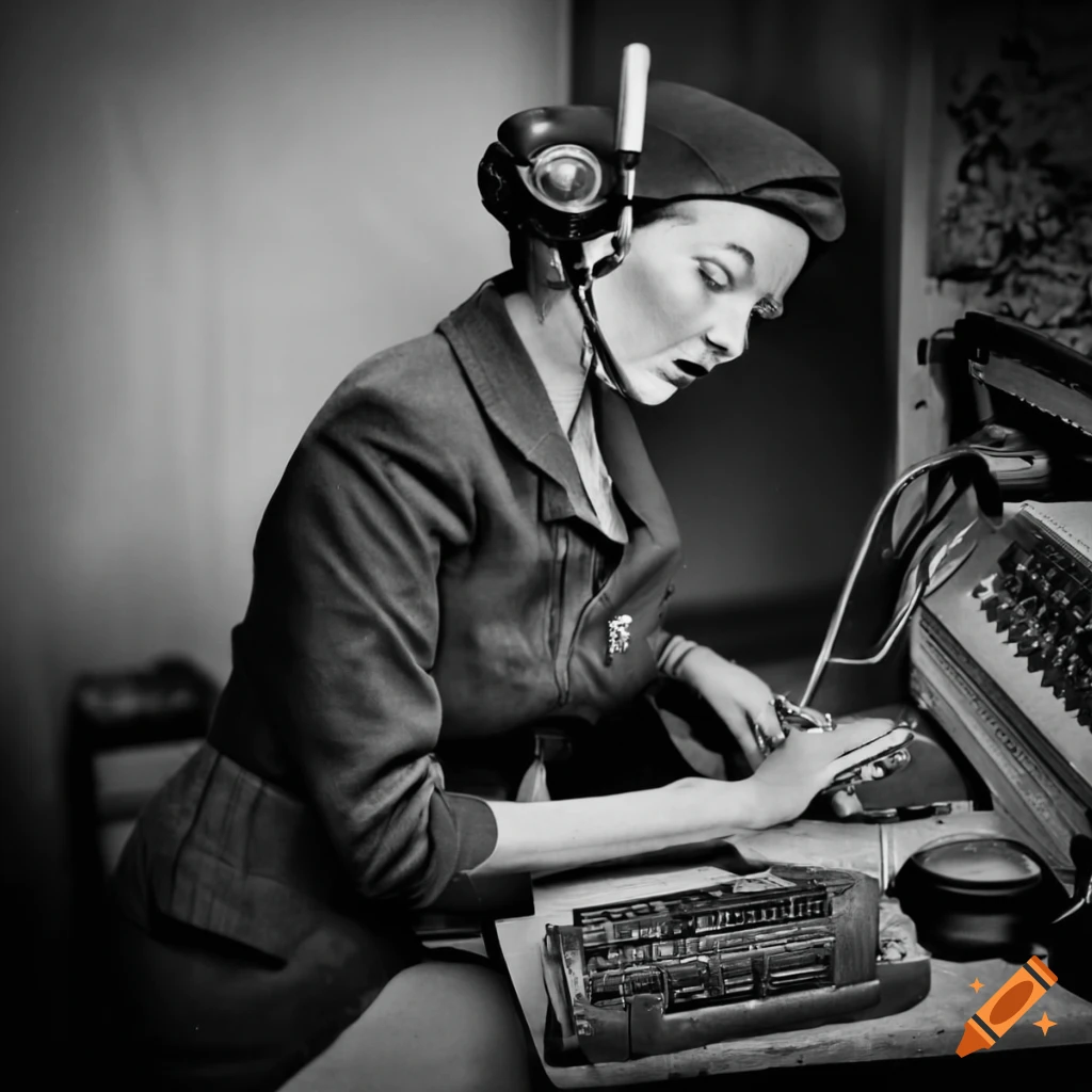 Black and white photo of a female radio operator in world war 2 on Craiyon