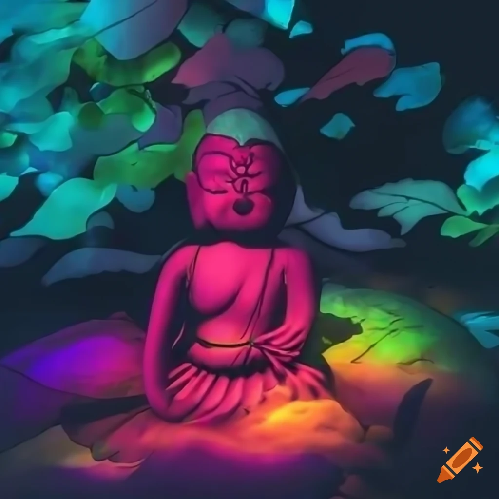 Colorful anime artwork with budda shape and vibrant leaves on Craiyon