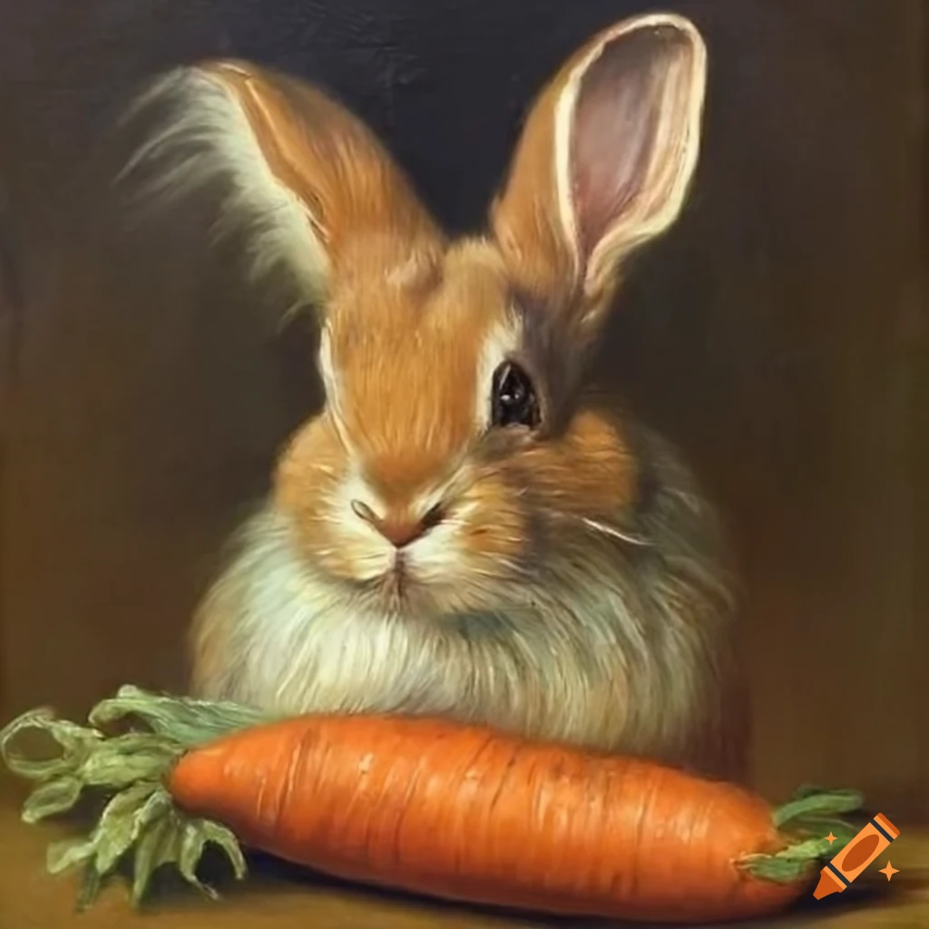 Oil painting of a fluffy bunny eating a carrot on Craiyon
