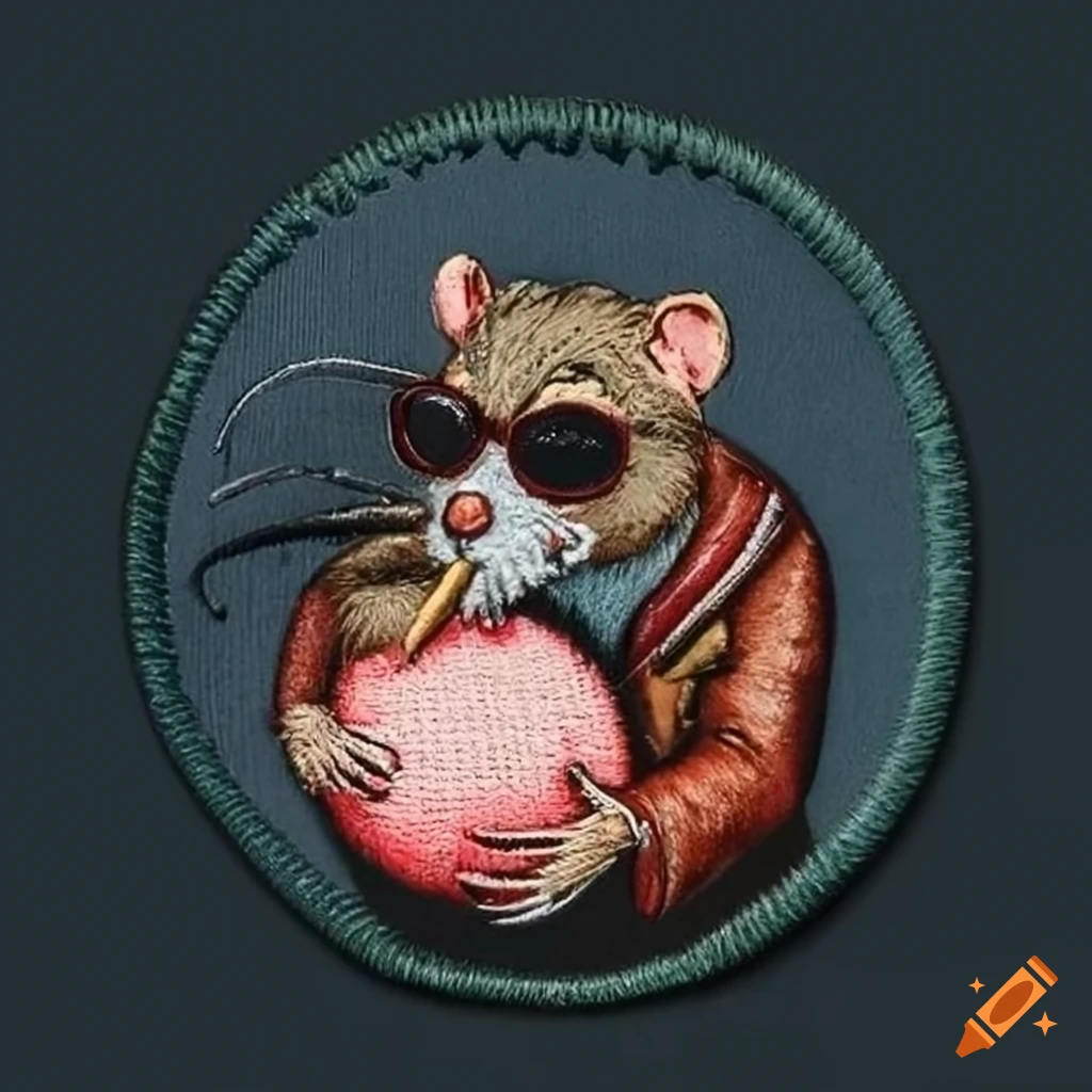 Embroidered patch of a cool gutter rat with a leather jacket and ...