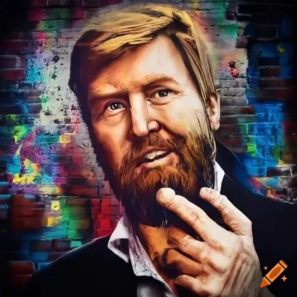Spray painting portrait of king willem alexander on brick wall on Craiyon