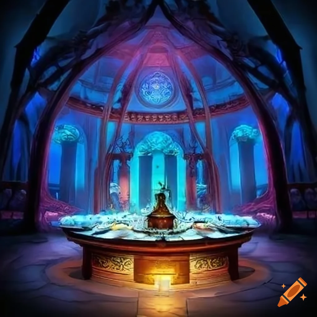 Photo of a magical council temple with a round table