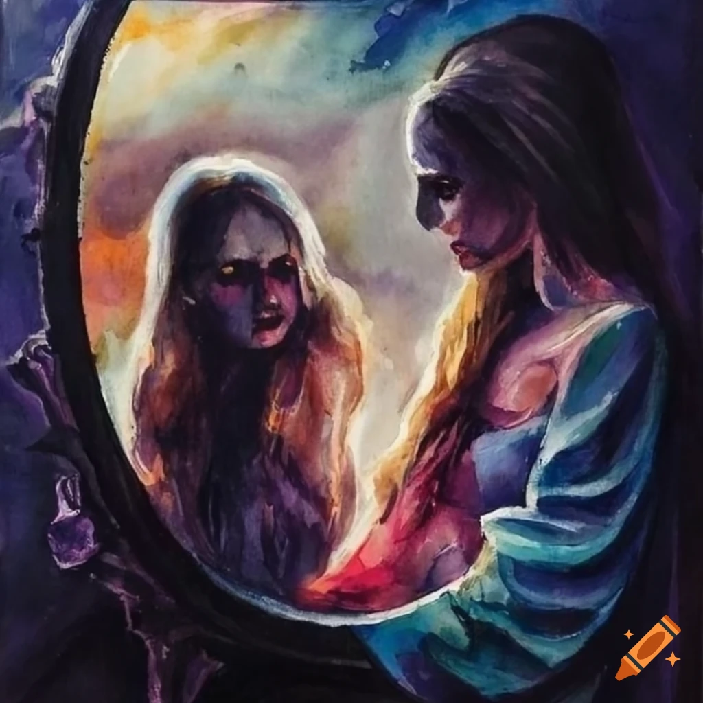 Fantasy horror painting of a mother and daughter in a mirror on Craiyon