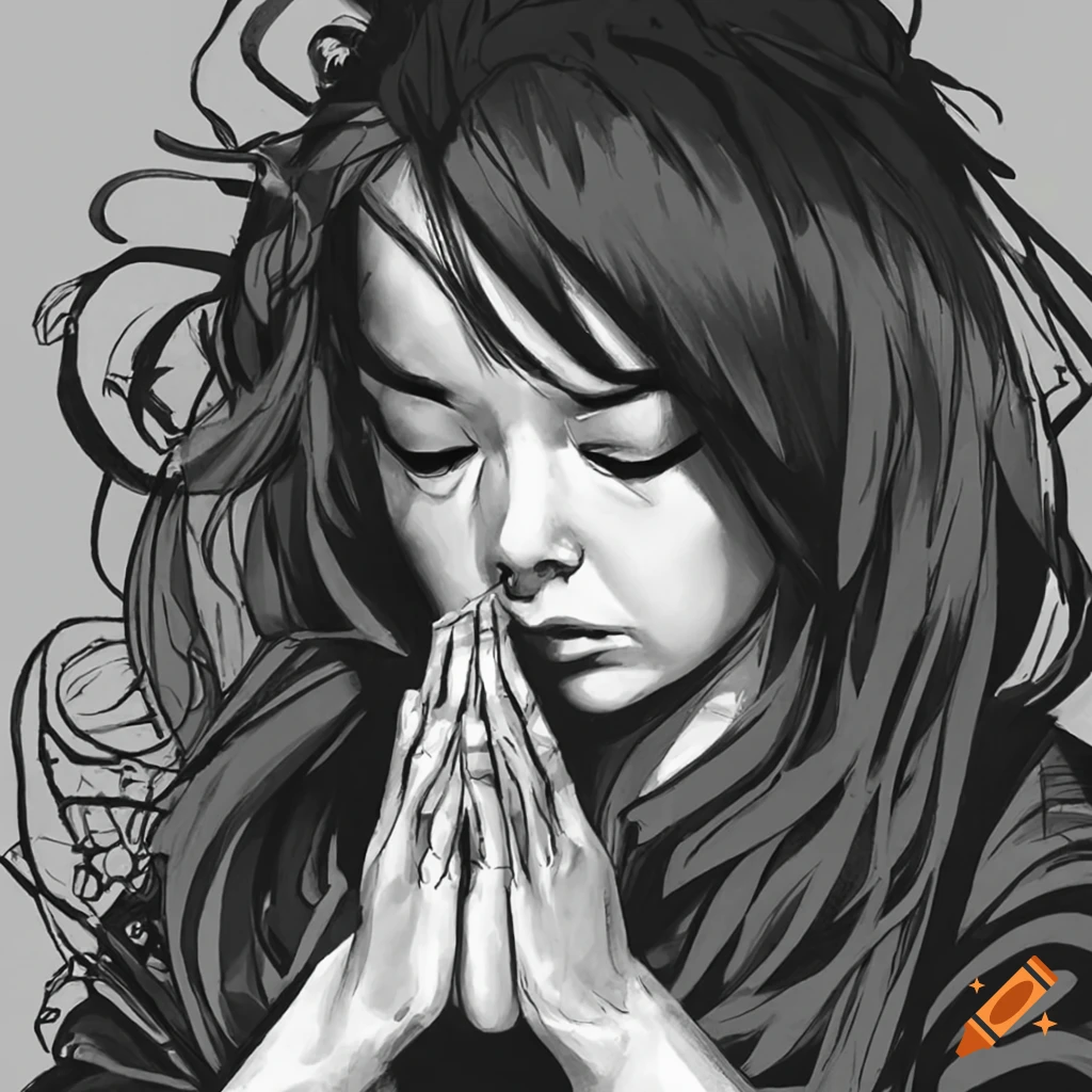 Cartoon drawing of bjork praying on Craiyon