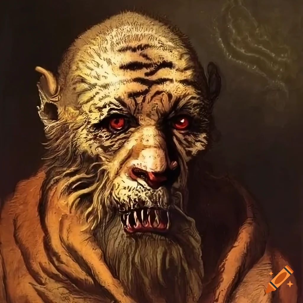 Portrait of a demented tiger-werewolf monk on Craiyon