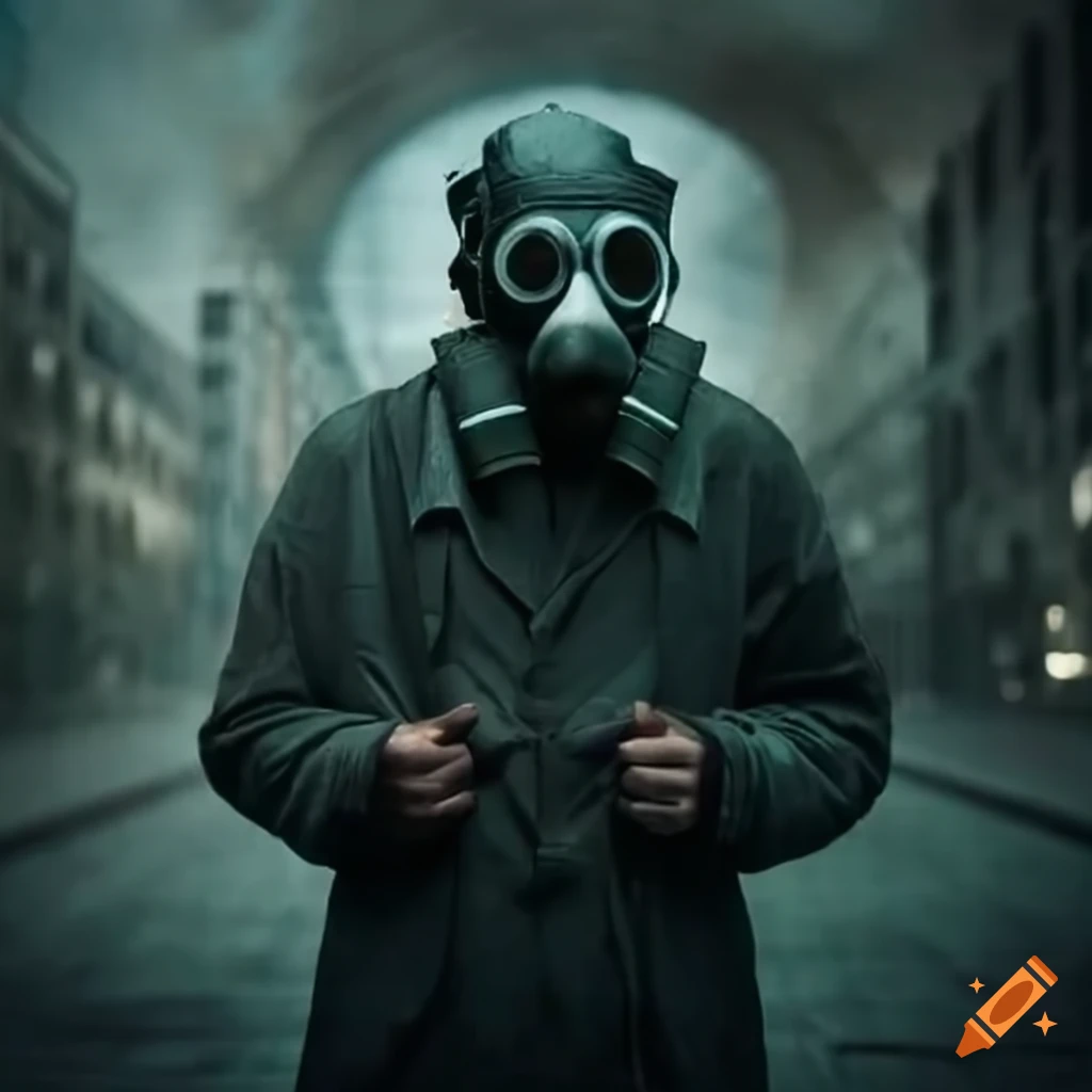 Man wearing gas mask in a decaying winter setting on Craiyon