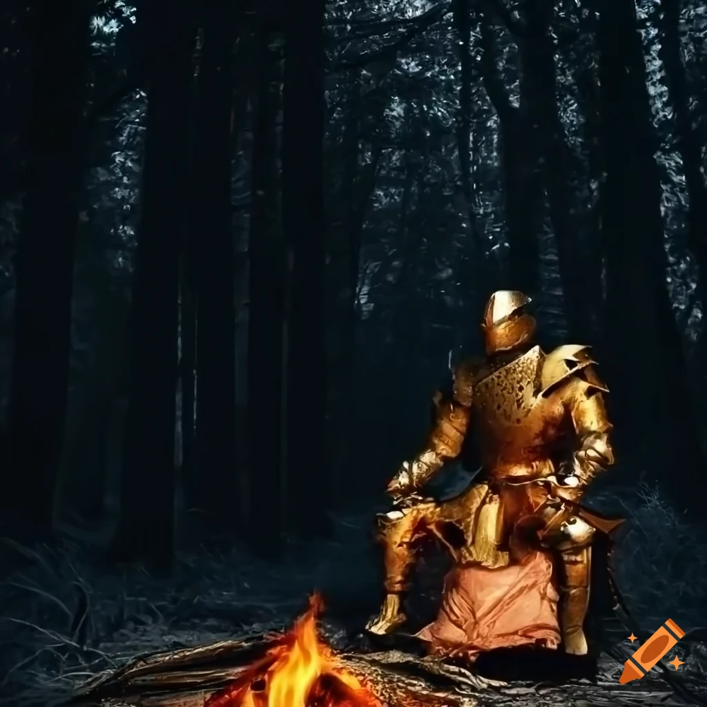 Fantasy knight sitting by a campfire in a snowy forest on Craiyon