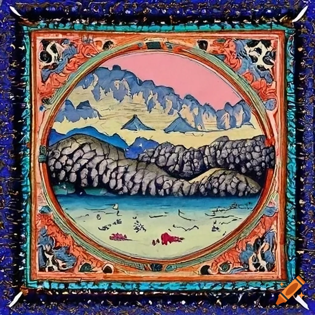 Color pen and ink landscape with serpents, grapevines, oak forest ...