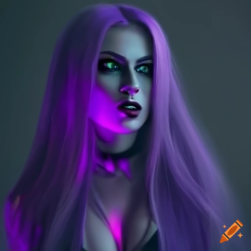Portrait of a cyberpunk vampire woman with long purple hair on Craiyon
