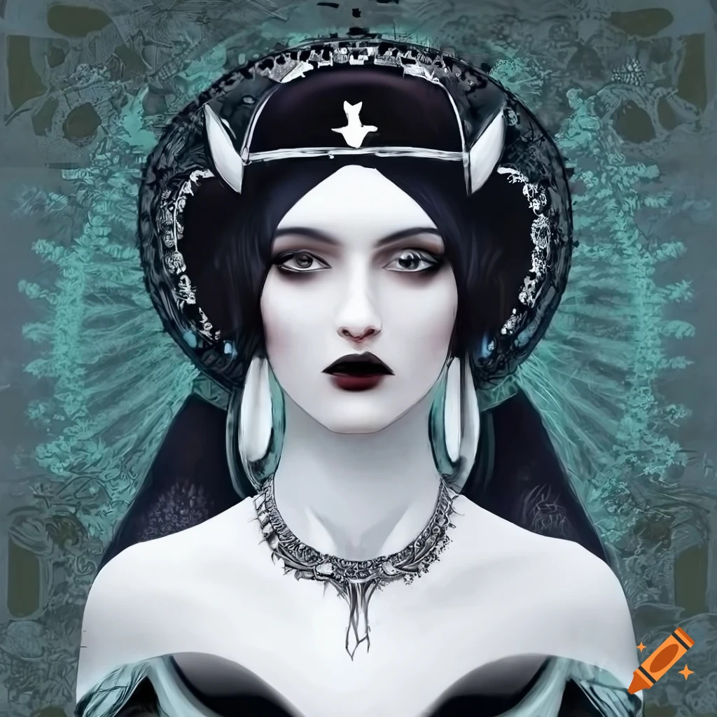 Art nouveau illustration of an elegant black-haired woman in goth ...