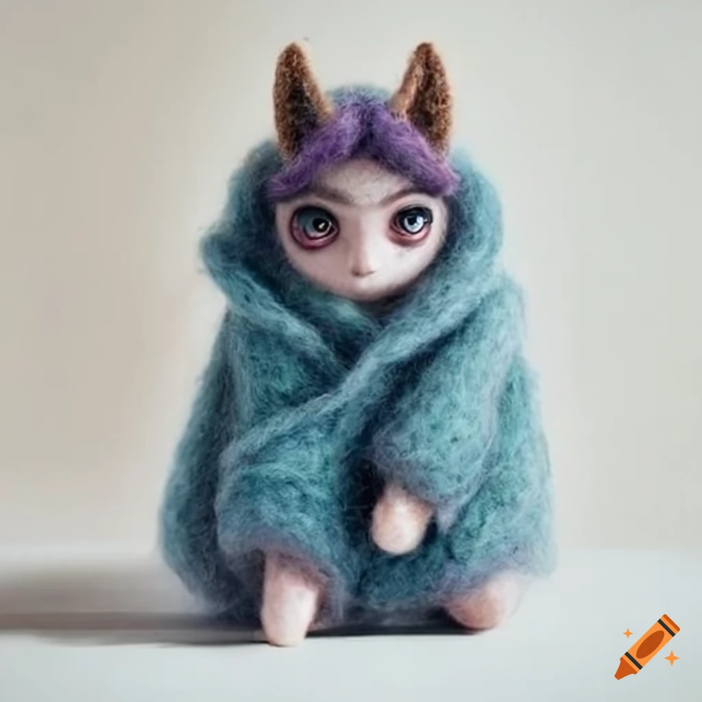 Creatures made of felted wool with unusual wool clothing in textured ...