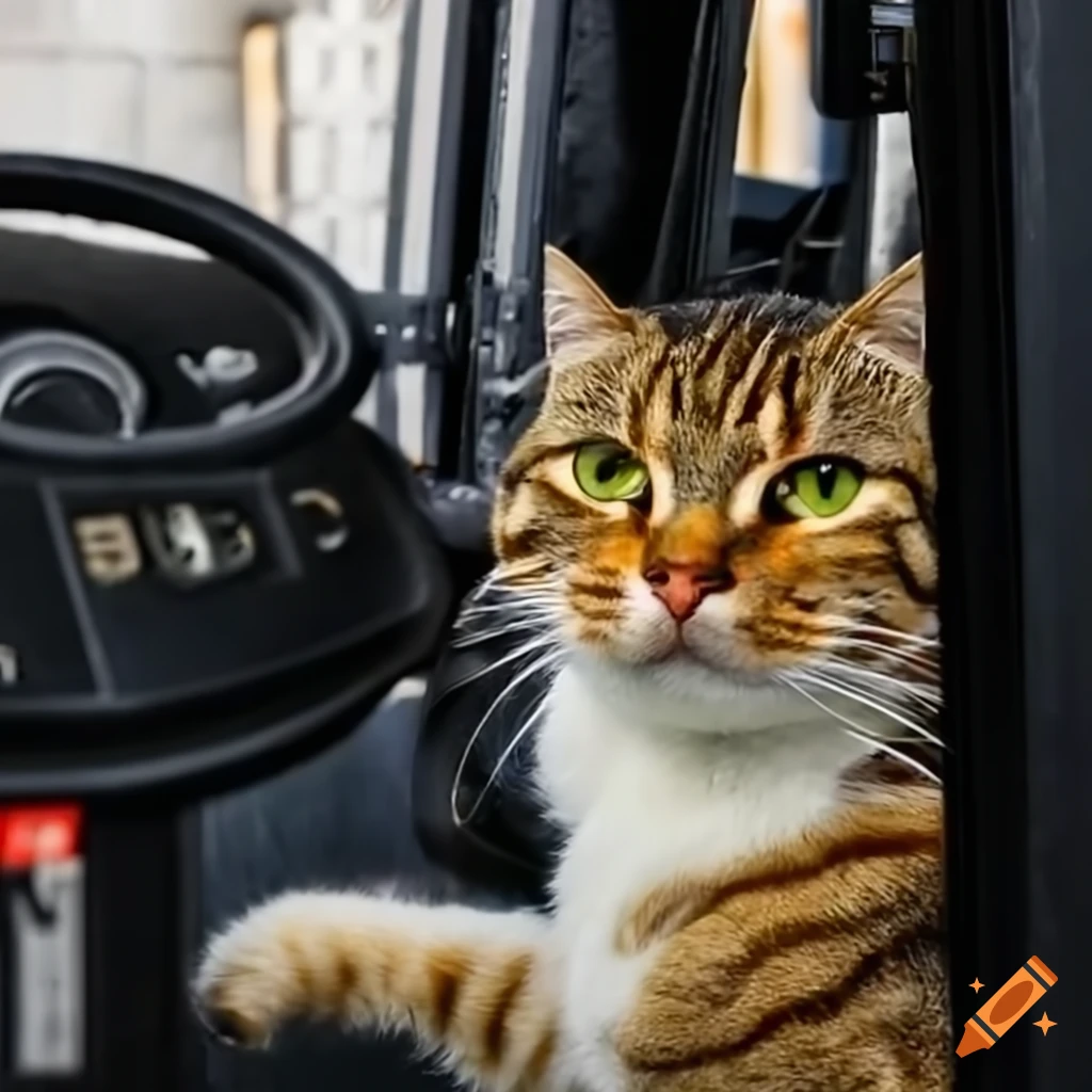 Humorous image of a cat on a forklift