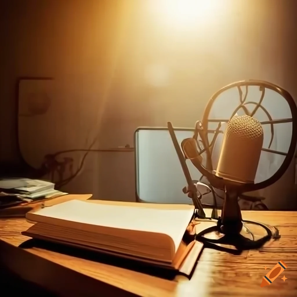 Podcast player and book on a sunny wooden table on Craiyon
