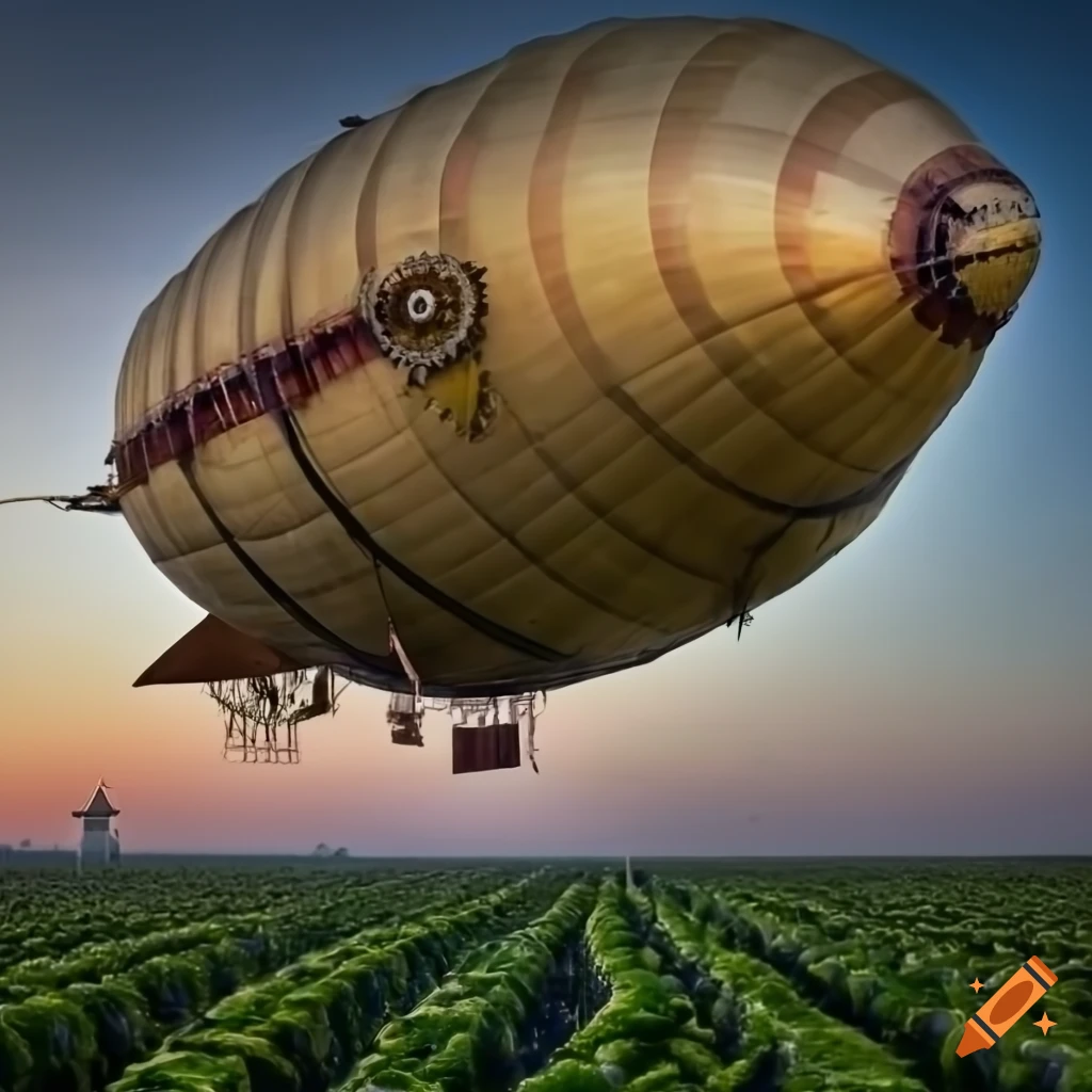 Highly detailed steampunk airship over tobacco plantations on Craiyon