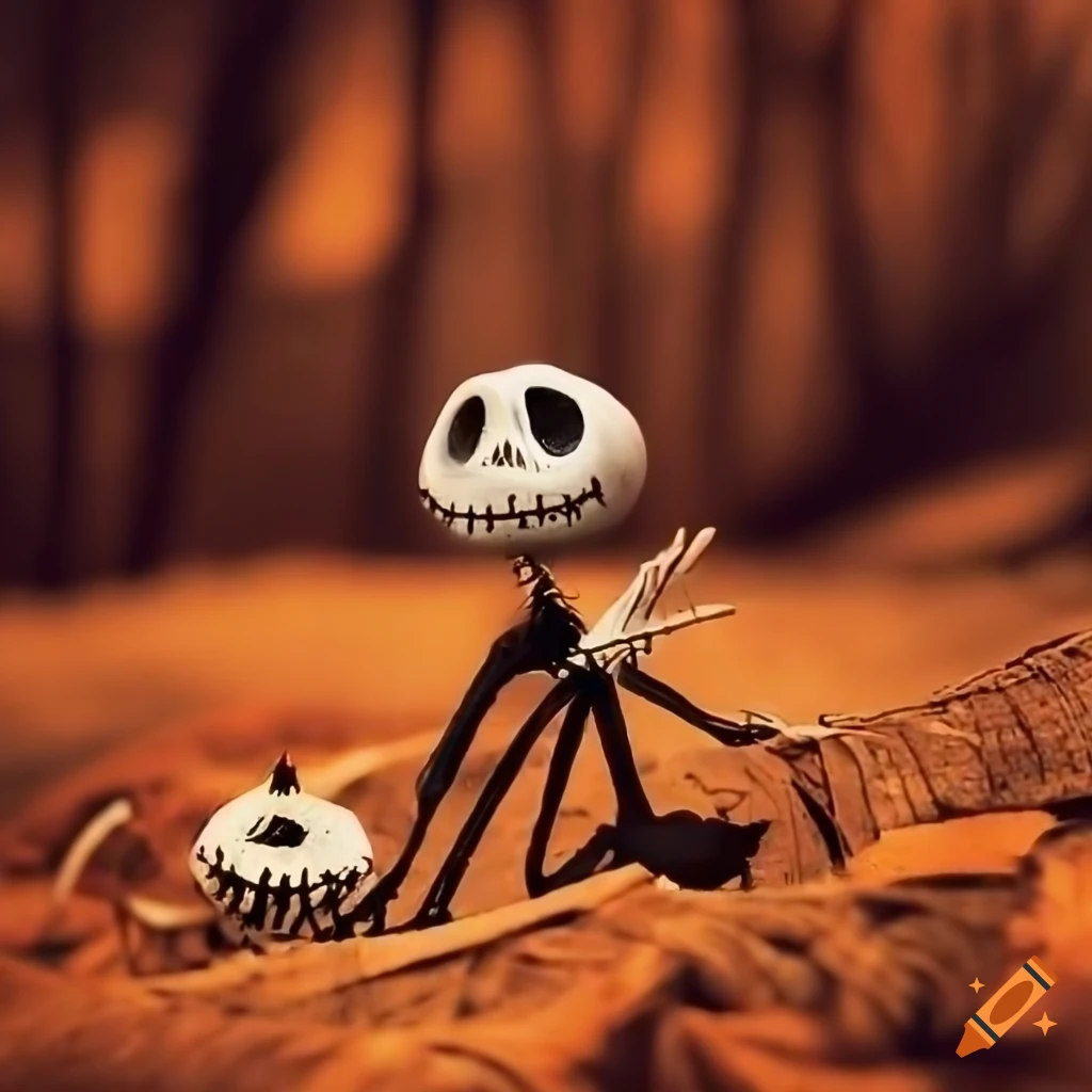 Jack skellington toy photography in a spooky woods on Craiyon