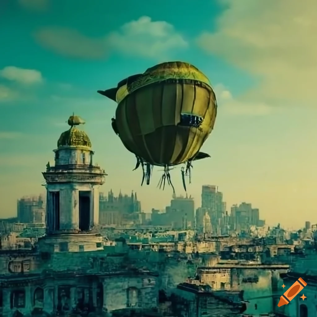 Mayan airship over tropical steampunk cityscape on Craiyon