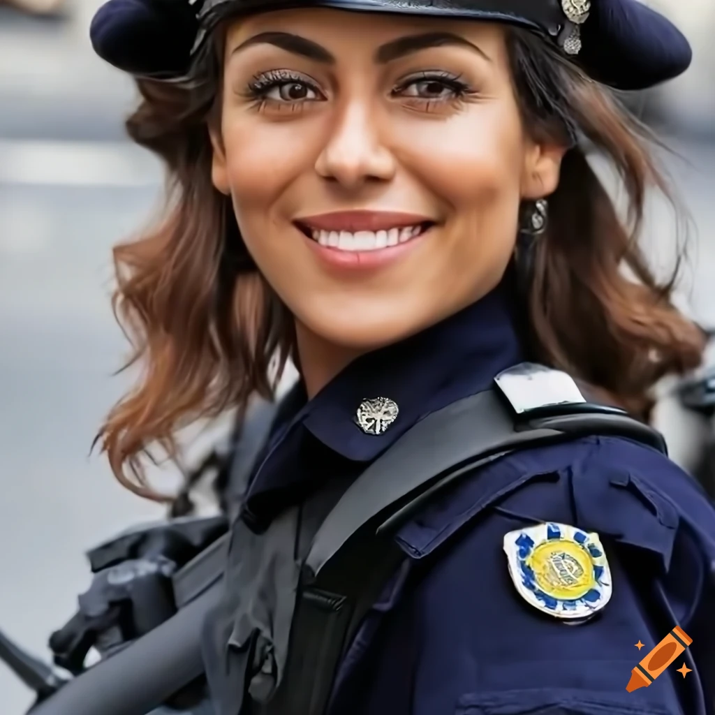 Portrait of a beautiful policewoman with wavy brown hair and brown eyes ...