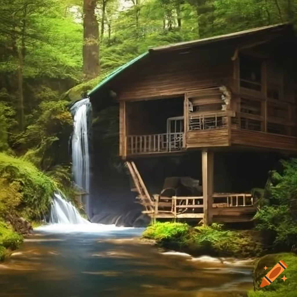 Cabane under a waterfall on Craiyon