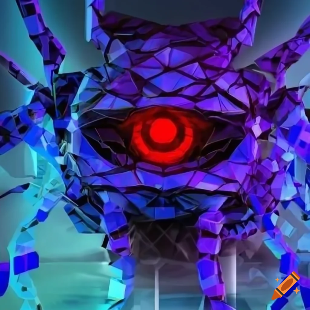 Polygonal monster with red robotic eyes in a virtual world on Craiyon