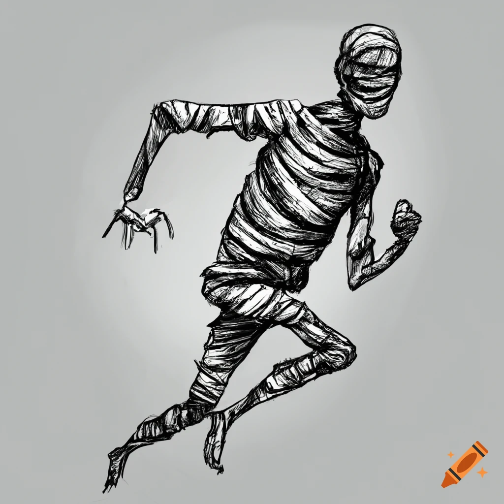 Black and white sketch of a running mummy on Craiyon