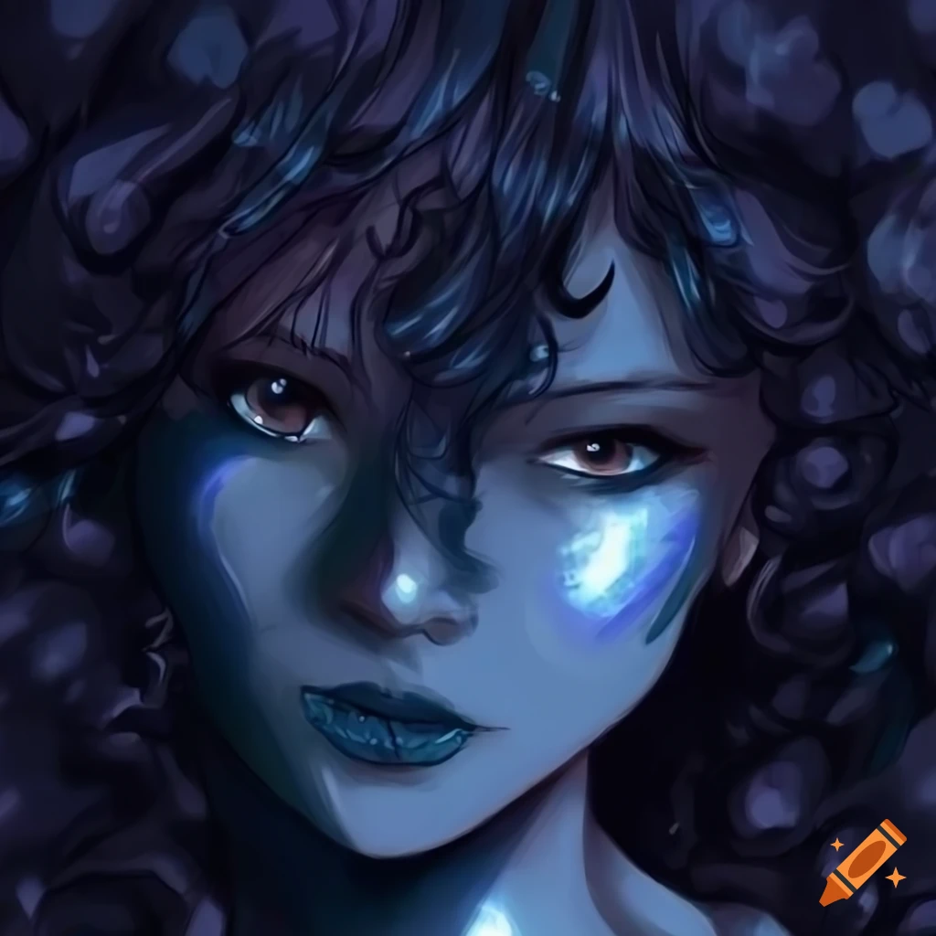 Anime-style illustration of a woman with dark blue skin and curly black ...
