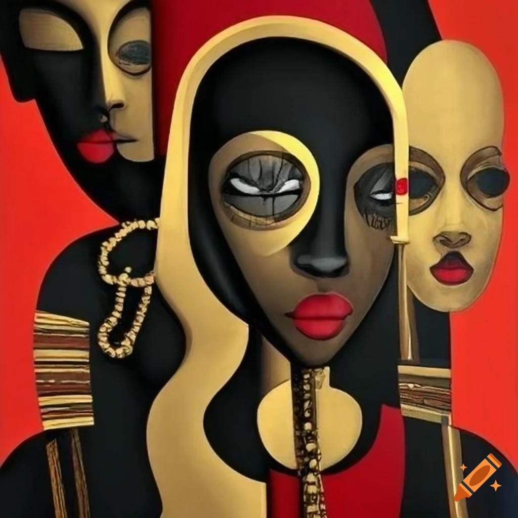 Abstract art depicting a side view of an african tribe in gold, black ...