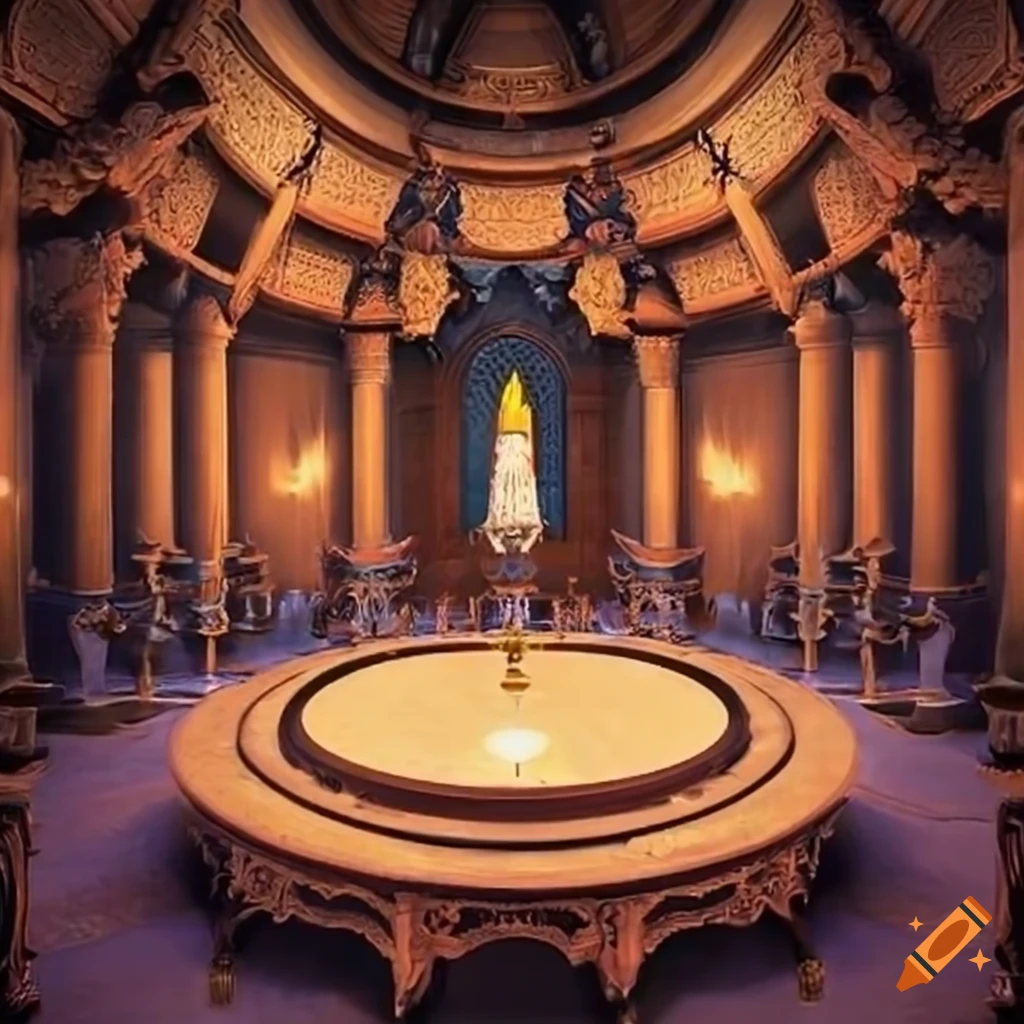 Photo of a round table in a magical council temple on Craiyon